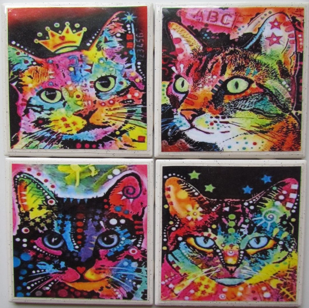 Ceramic Tile Coasters - Cat Design - Set of 4 - (buy 2 Sets - Get 1 Set ...
