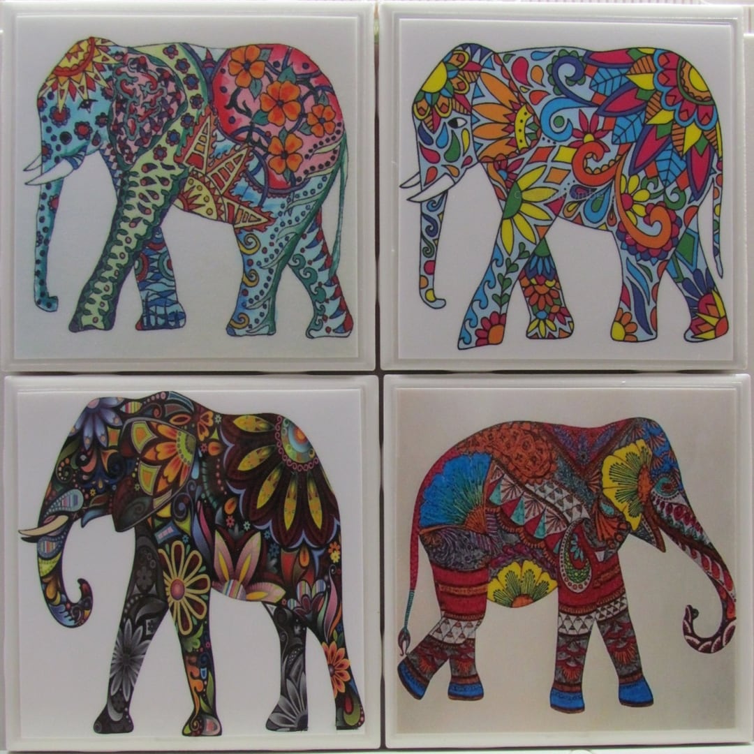 Tile Coasters - Elephants - (Set de 4) (Acheter 2 Sets - Get 1 Set Free ...