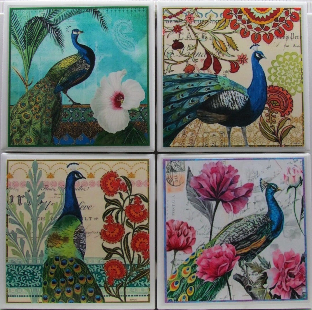 Tile Coasters - Peacocks - Set of 4 - (buy 2 Sets - Get 1 Set Free ...