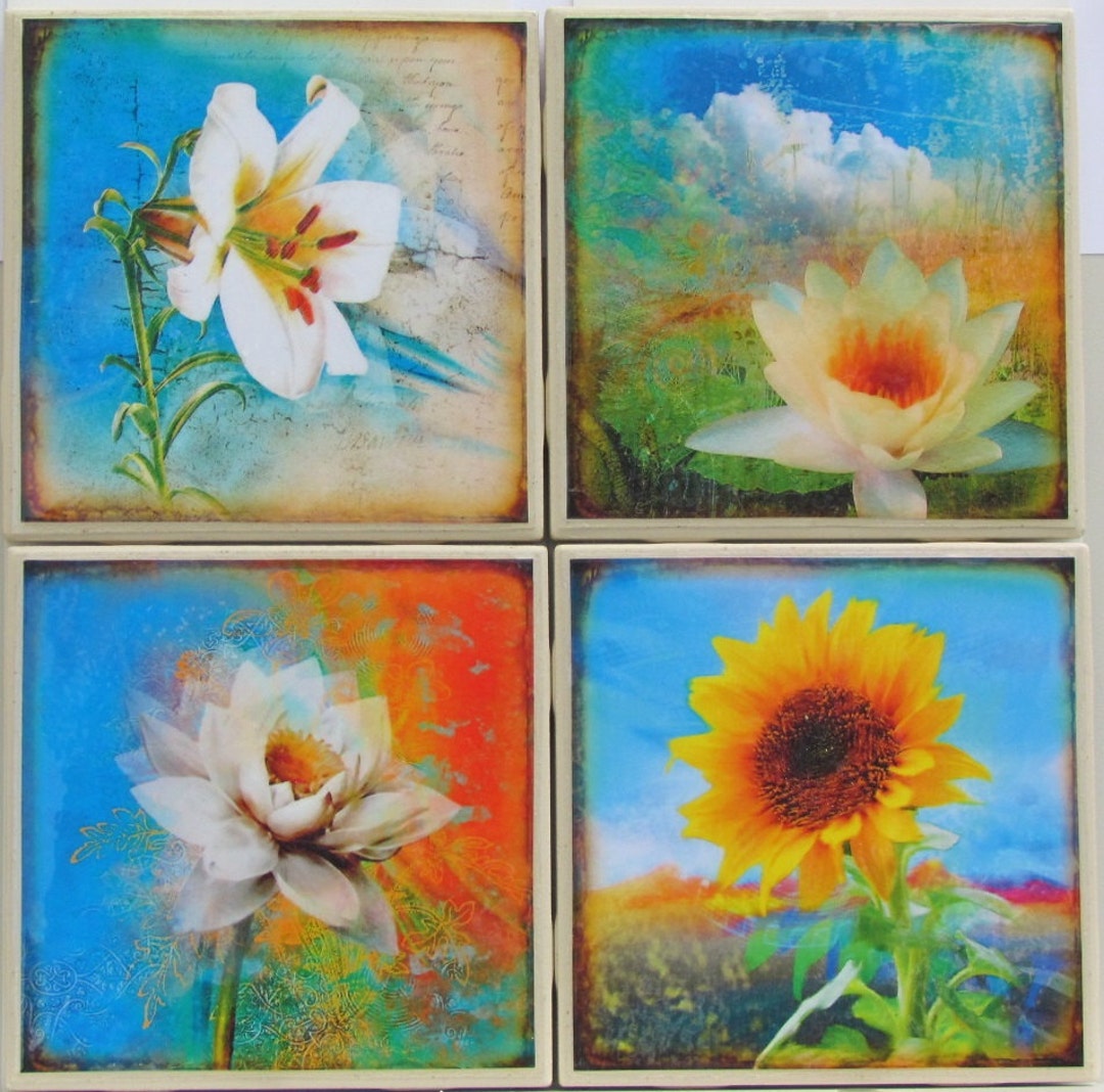 Tile Coaster Ceramic Wild Flowers Set of 4 buy 2 Sets Get 1 Set Free ...