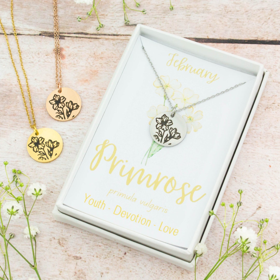 Primrose Necklace, February Birth Flower Necklace, Personalised ...