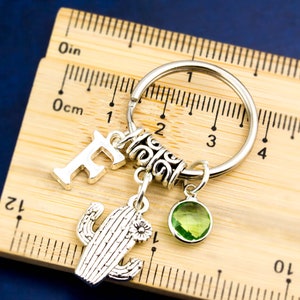 Silver Cactus Keychain, Personalized Initial, Birthstone Charm - Etsy UK