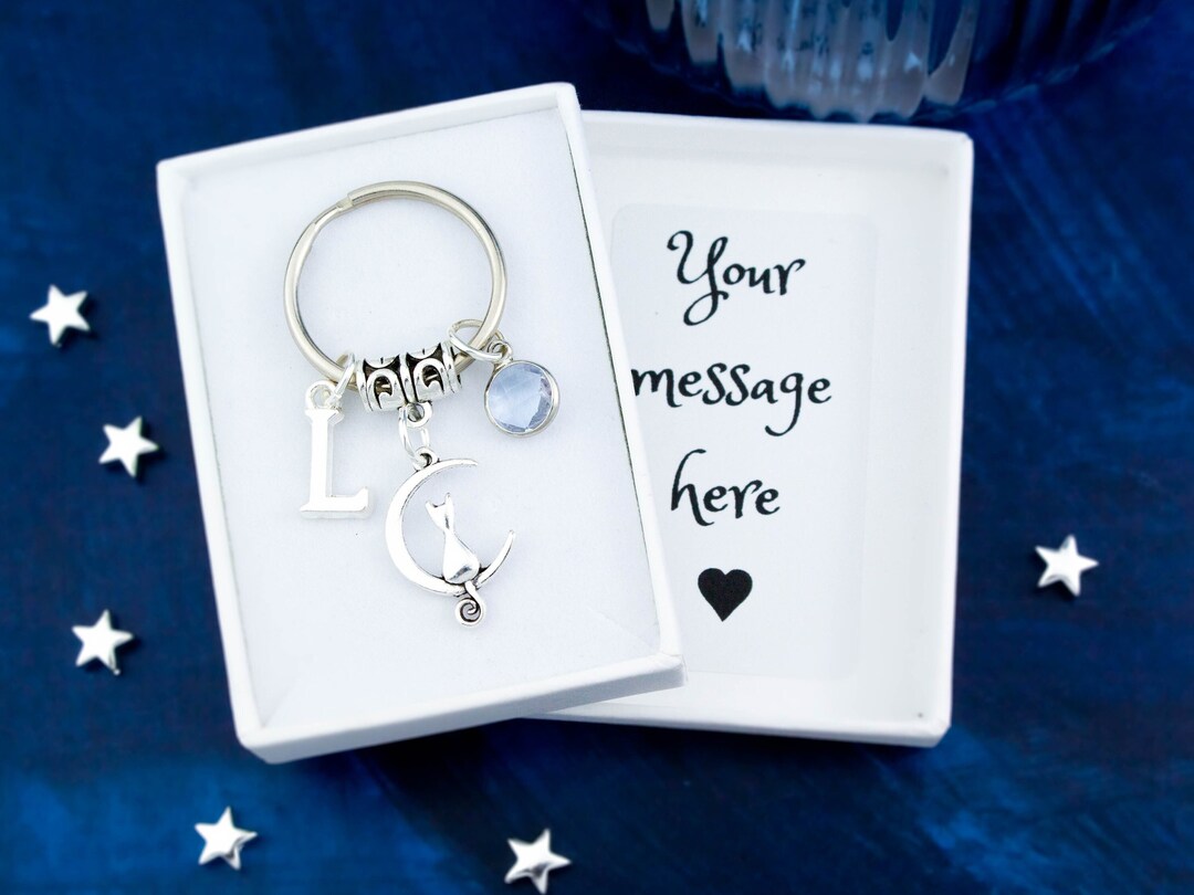 Cat and Moon Keyring, Personalised Gift, Cat Lover Keychain, Cat ...