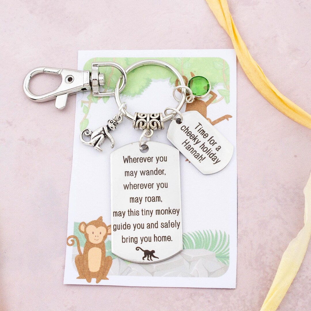Personalised Monkey Keychain, Travel Bag Charm, Happy Travels Keyring ...