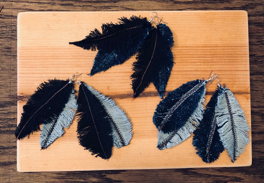 Denim Feather Earrings - Etsy