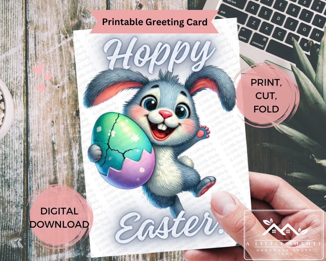 Hoppy Easter Bunny Card Printable, Cute Easter Card for Kids With Egg ...