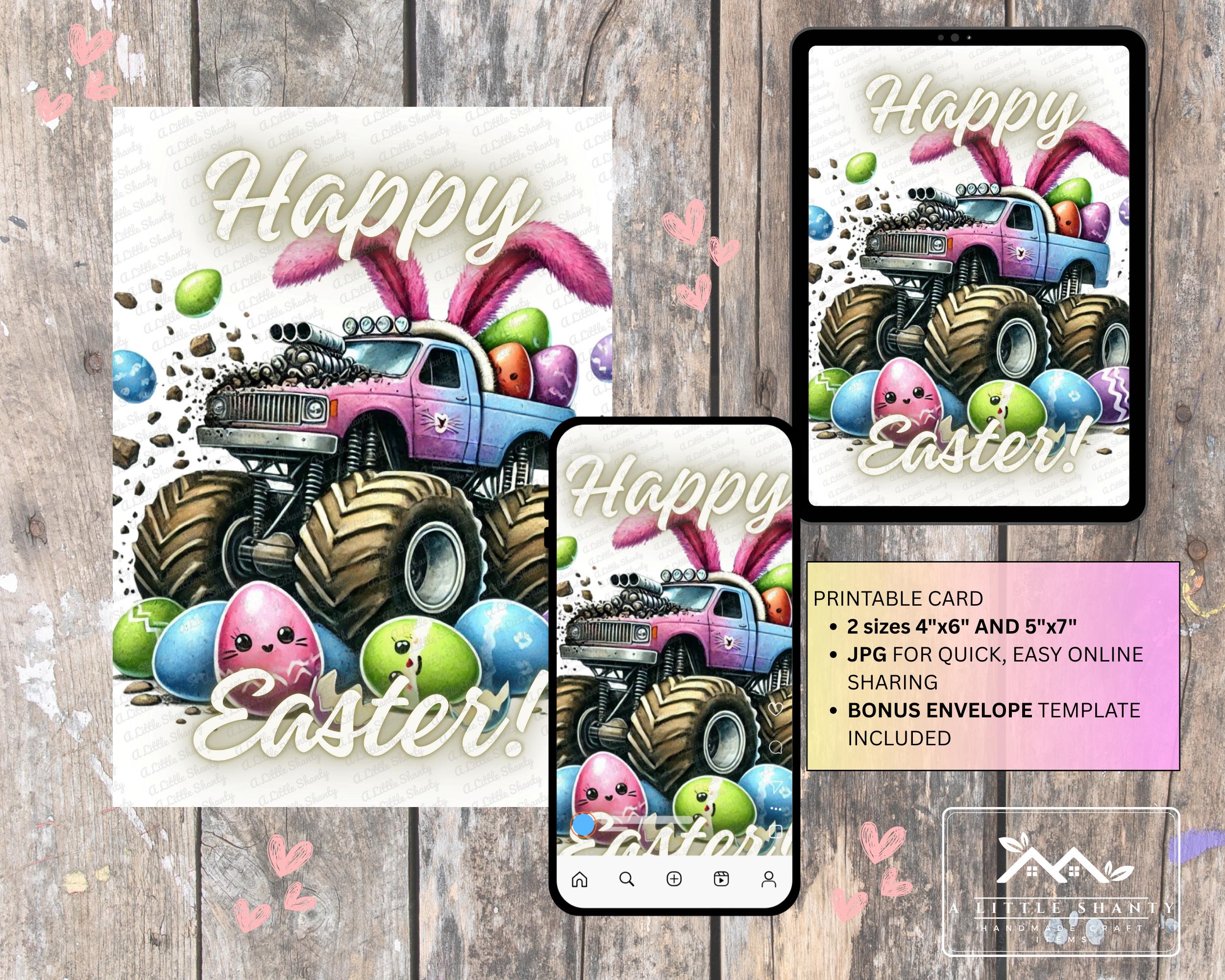 Monster Truck Easter Card Printable, Funny Easter Card With Bunny Ears ...