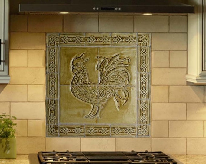 Ceramic Bas Relief Cockerel Backsplash in Wheat Glaze and Celtic Knot ...