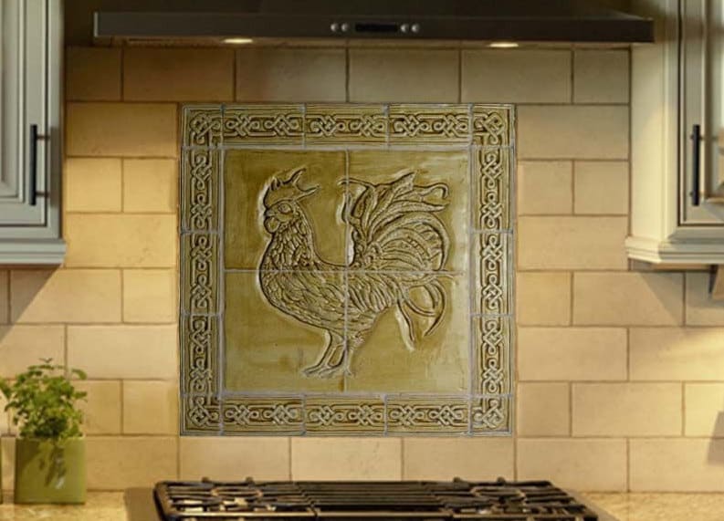 Ceramic Bas Relief Cockerel Backsplash in Wheat Glaze and Celtic Knot ...