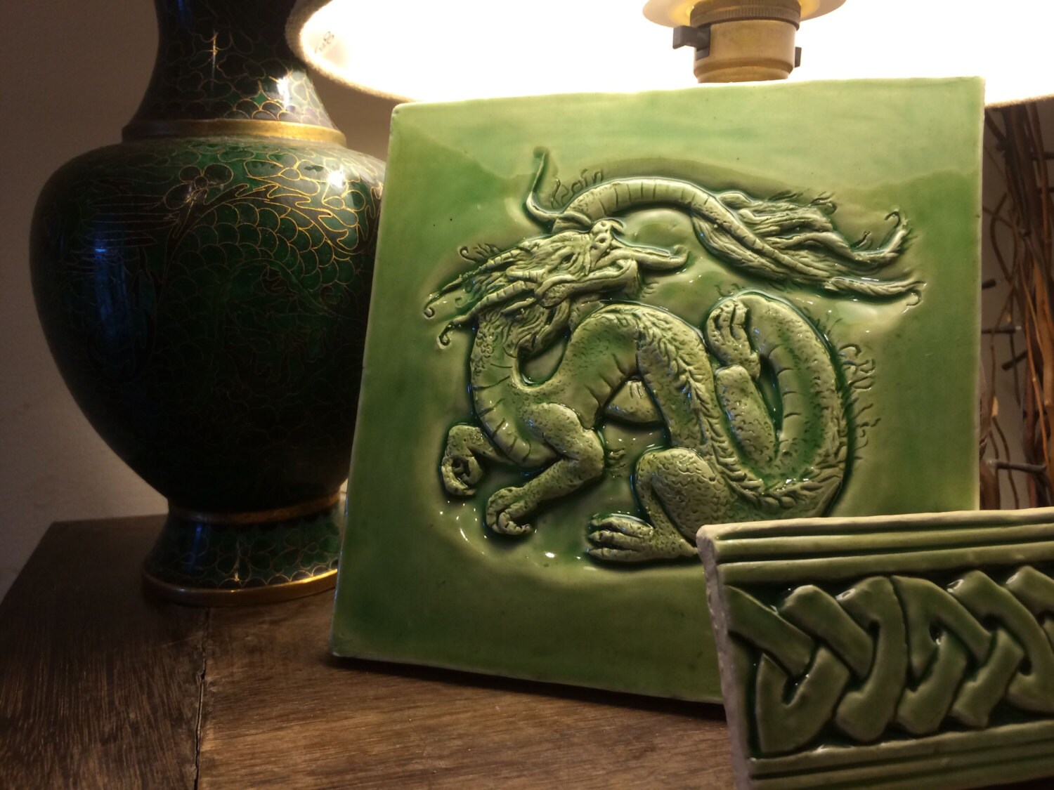 Handmade Chinese Dragon ceramic tile with a apple jade glaze | Etsy