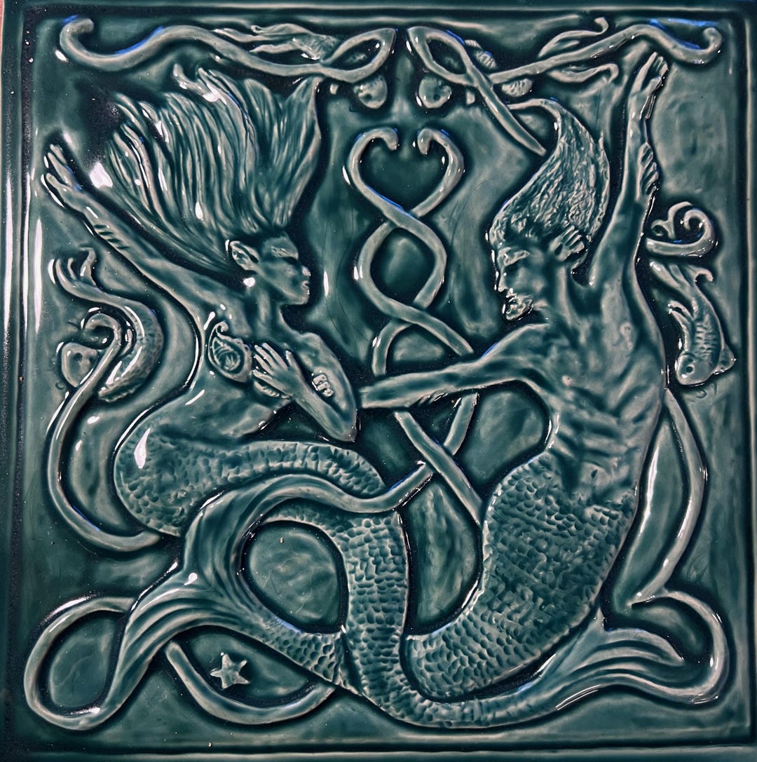 12mythical Mermaid and Mermen Backsplash Tile in a Deep Turquoise Glaze ...