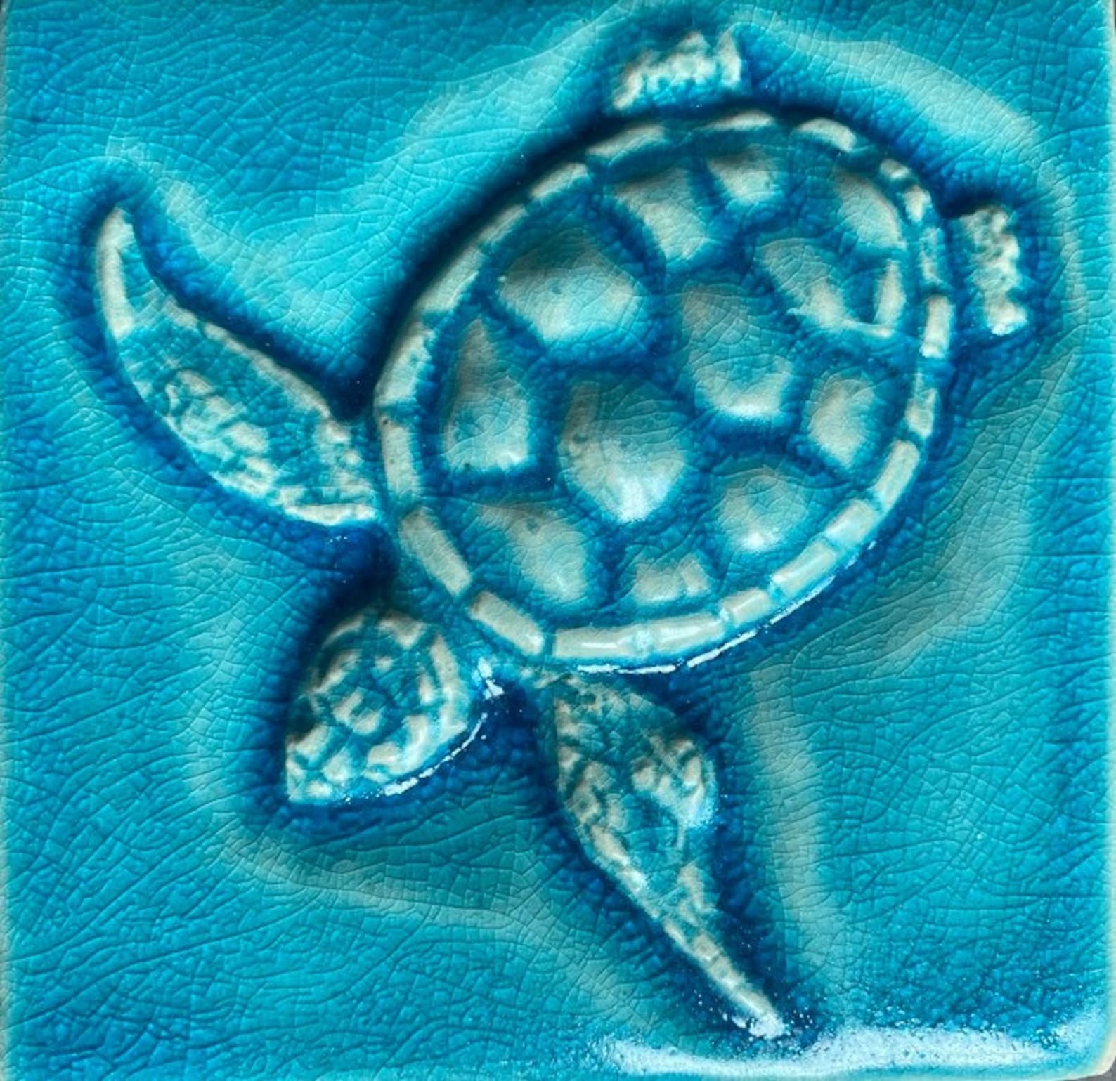 4”ceramic Sea Turtle Tile in Crackle Blue - Etsy