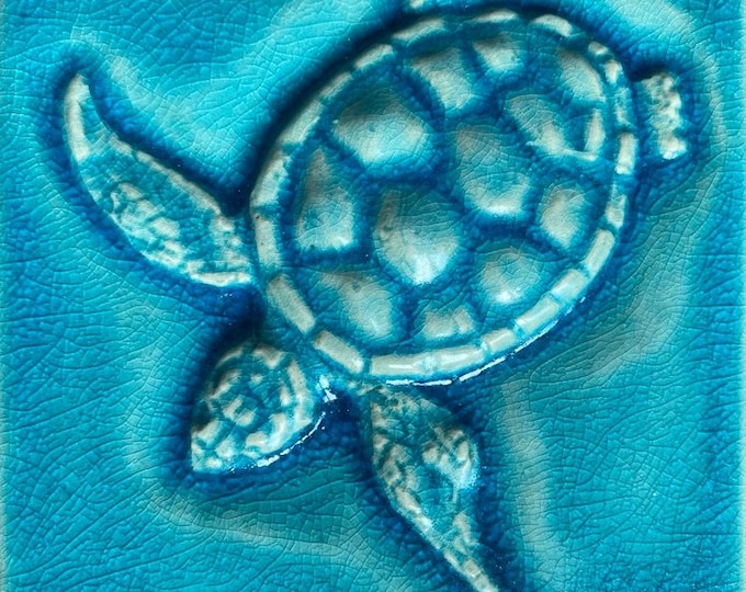 4ceramic Sea Turtle Tile in Crackle Blue - Etsy