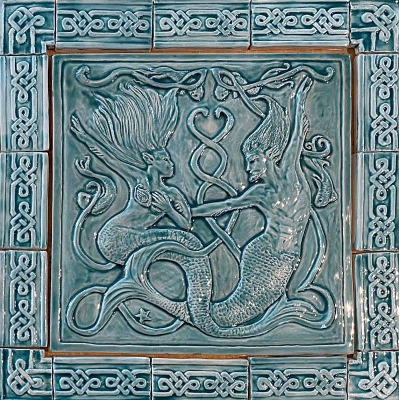 Hand Carved Mermaid and Mermen Ceramic Tile Backsplash - Celtic Border ...