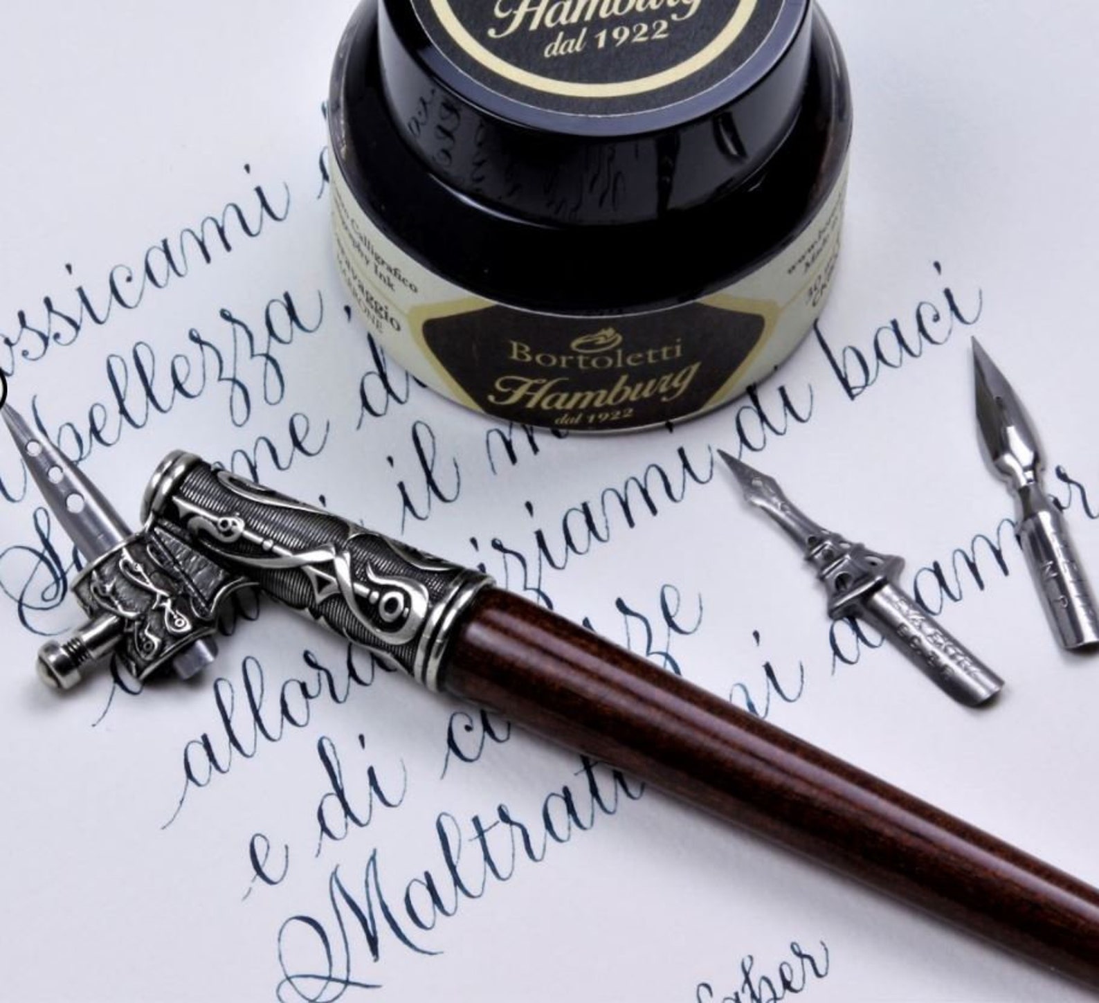 Bortoletti Wood Oblique Calligraphy Pen With Bronze Nib Holder Set ...
