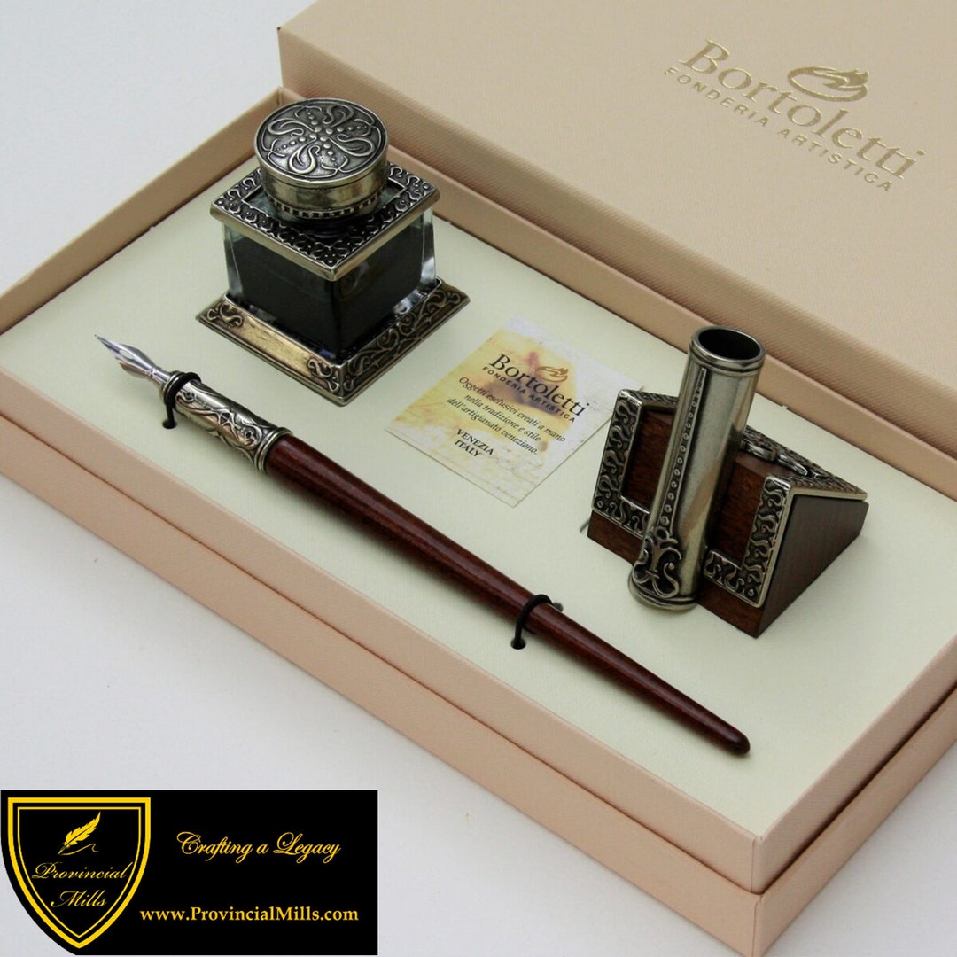 Bortoletti Wood Dip Pen With Bronze Nib Holder Set With Inkwell, Pen ...