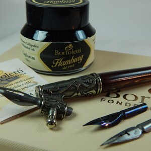Bortoletti Wood Oblique Calligraphy Pen With Bronze Nib Holder Set ...