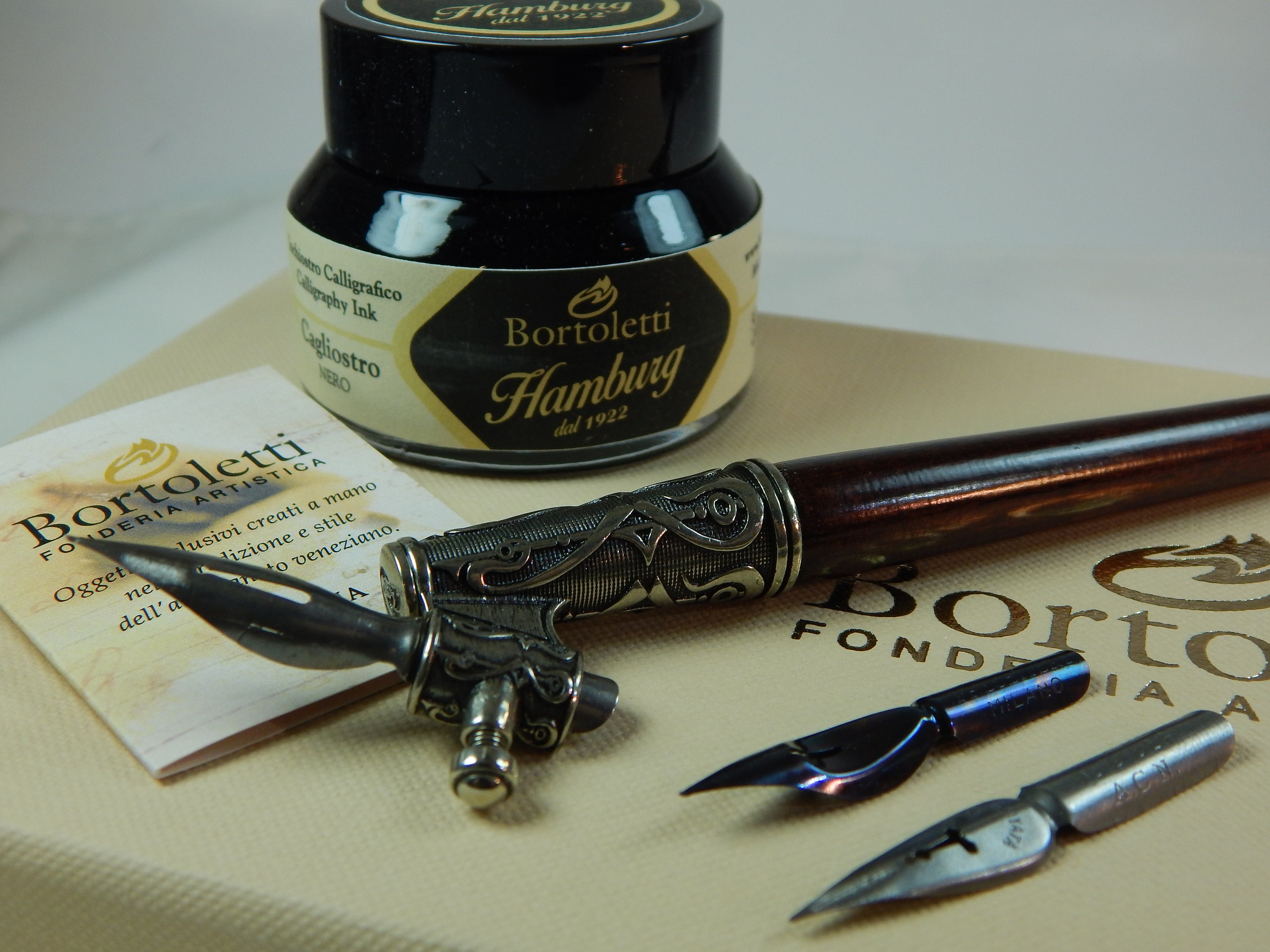 Bortoletti Wood Oblique Calligraphy Pen With Bronze Nib Holder Set ...