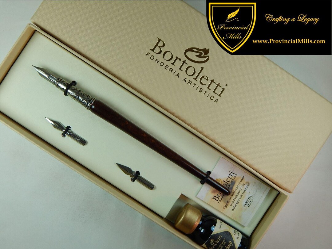 Bortoletti Wood Dip Pen With Bronze Nib Holder Set - Includes Ink and 3 ...