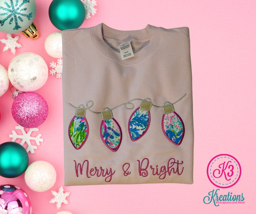 Adult Merry & Bright Christmas Lights Pink Crewneck Sweatshirt ...