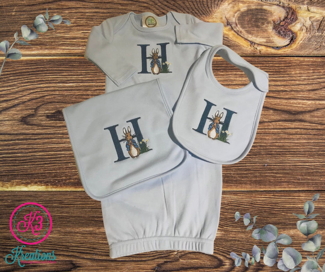 Baby Peter Rabbit Gown, Bib & Burp Cloth Set, Newborn Easter Outfit ...
