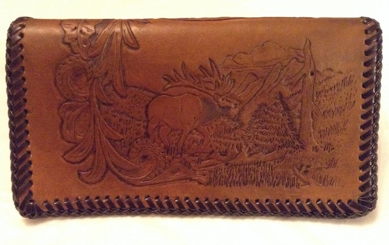 Hand Tooled Elk Design Leather Roper Wallet/checkbook - Etsy
