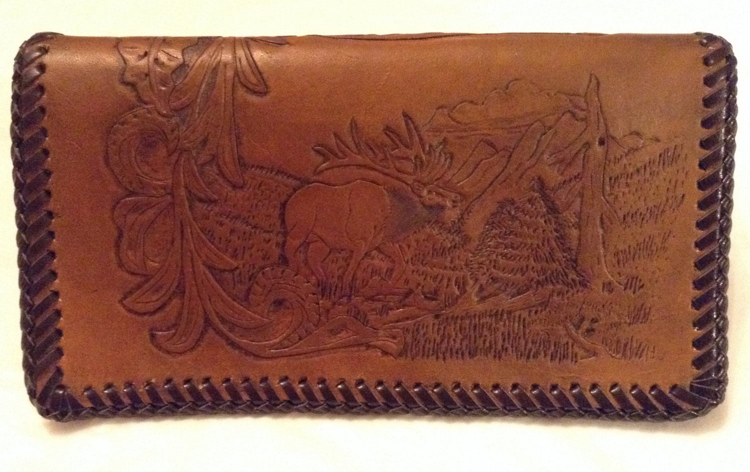 Hand tooled elk design leather Roper wallet/checkbook | Etsy