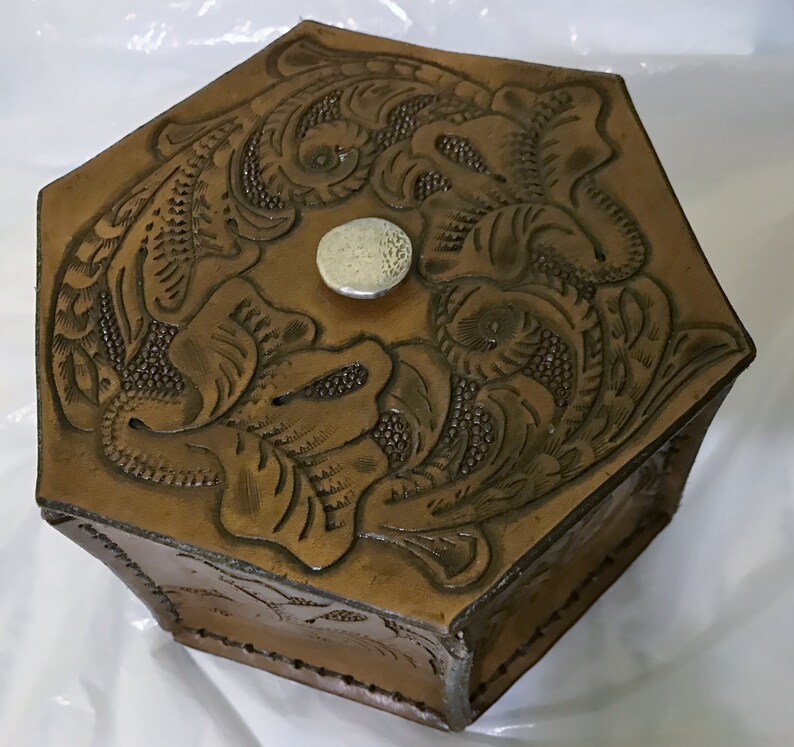 Hand tooled leather keepsake storage hexagon box Made in | Etsy