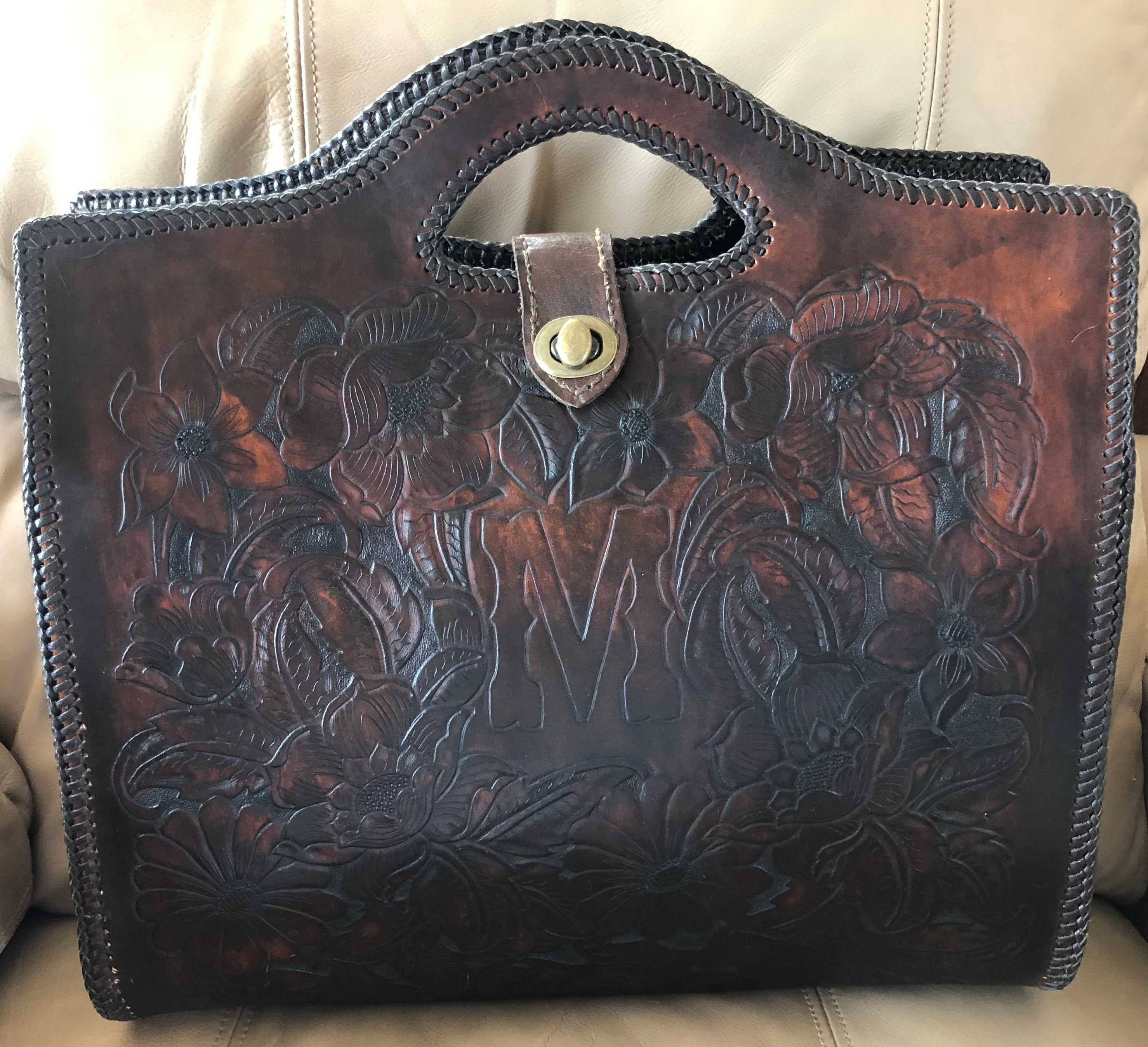 Hand tooled leather tote purse pig skin lining hand bag | Etsy