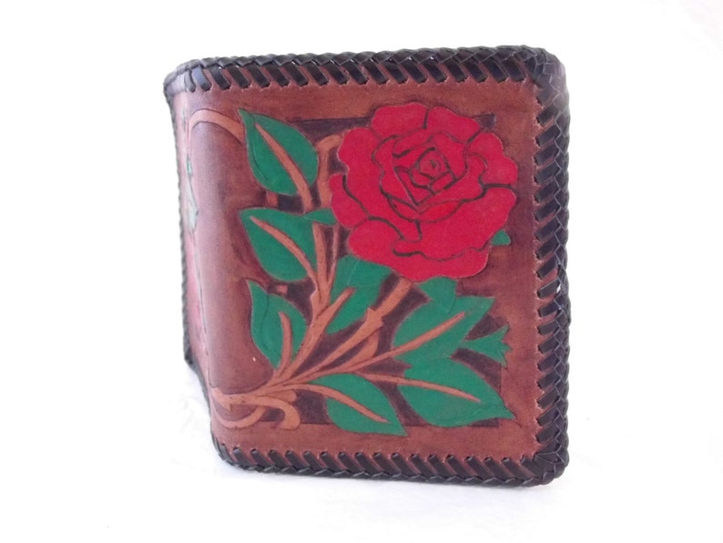 Hand Tooled Hand Painted Leather Bifold Wallet With Rose - Etsy