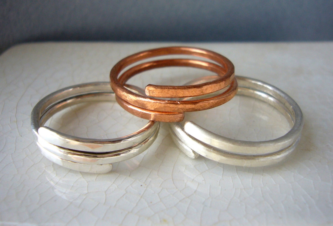 Stacking Rings-double Wrap-hammered Silver or Copper-adjustable - Etsy