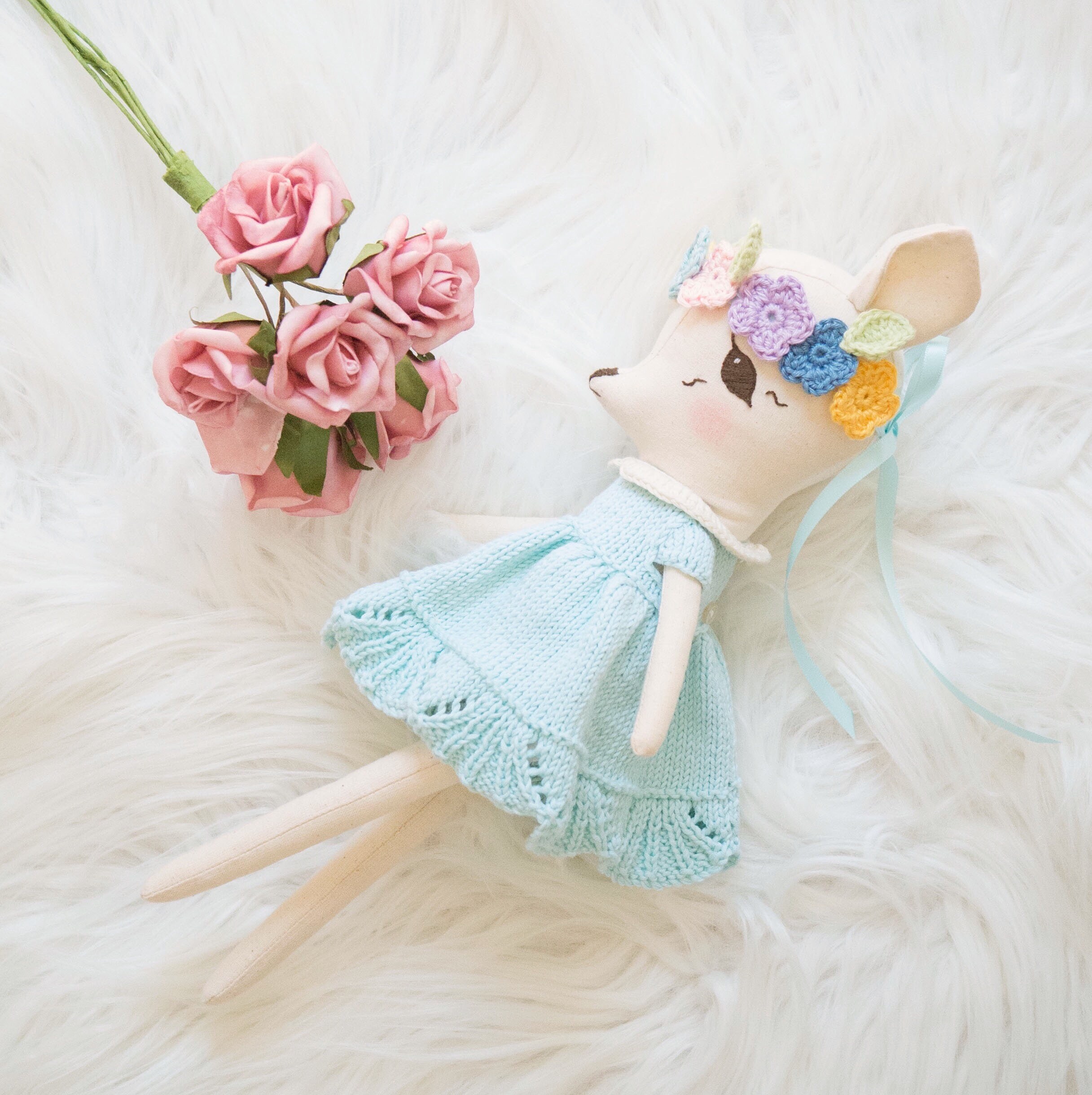 Dolls Toys Gorgeous cloth bunny rabbit doll wearing a bluewhite lace ...