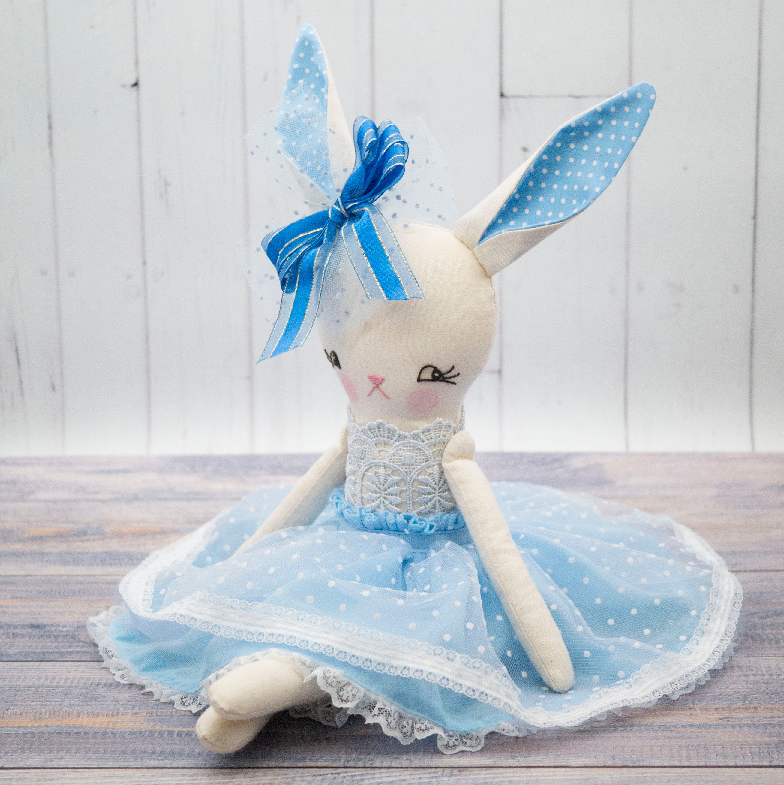 Dolls Toys Gorgeous cloth bunny rabbit doll wearing a bluewhite lace ...