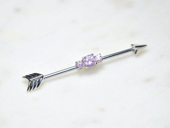 Pink Gem Arrow Industrial Bar Barbell Silver 316L Stainless | Etsy