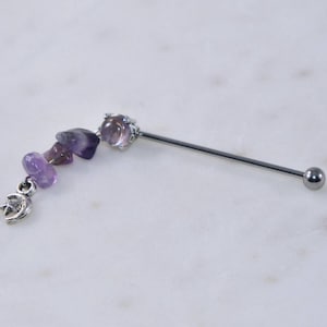Amethyst Moon Industrial Barbell, 14g 32mm 35mm 38mm, 316L Surgical Steel, Dangle Charm, Upper ...