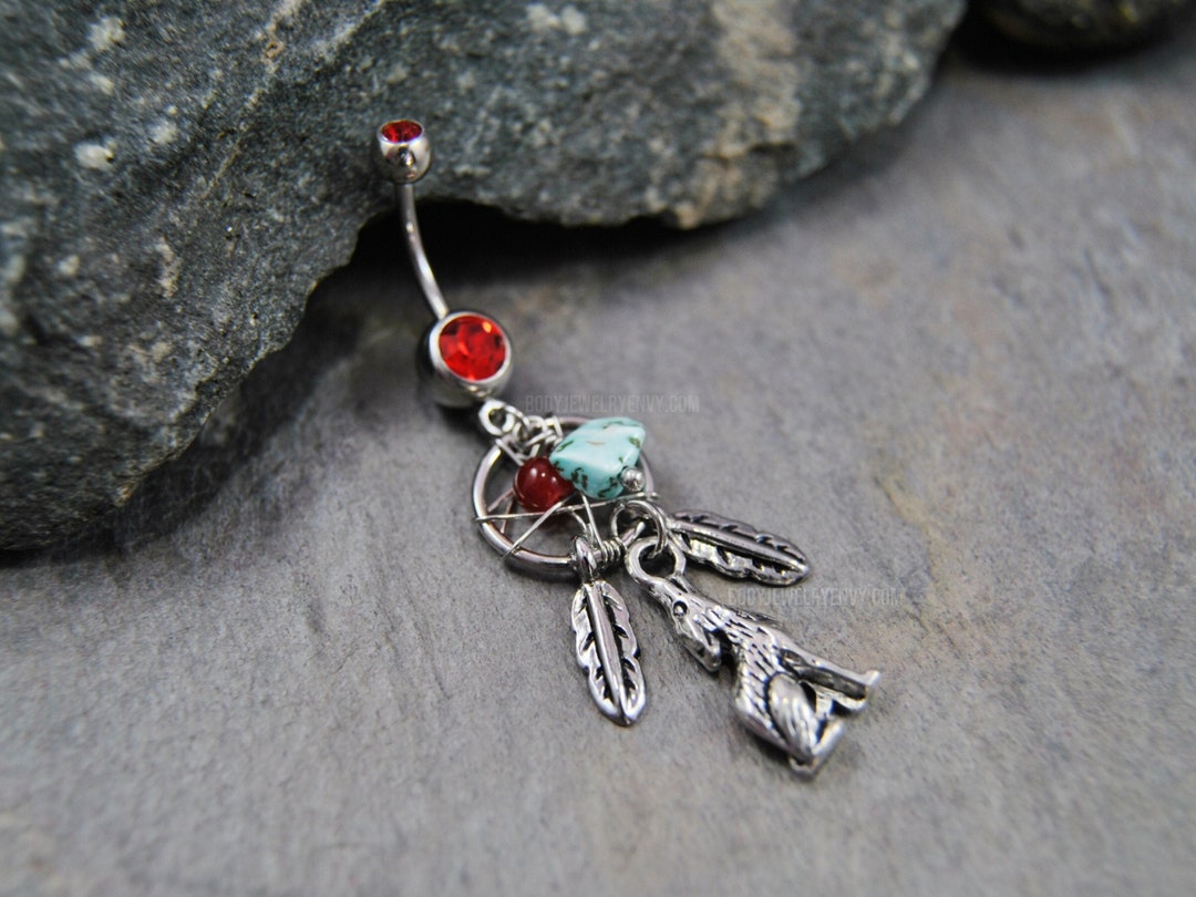 Howling Wolf Dangle Belly Ring, Wire-wrapped Howlite Red Dreamcatcher ...