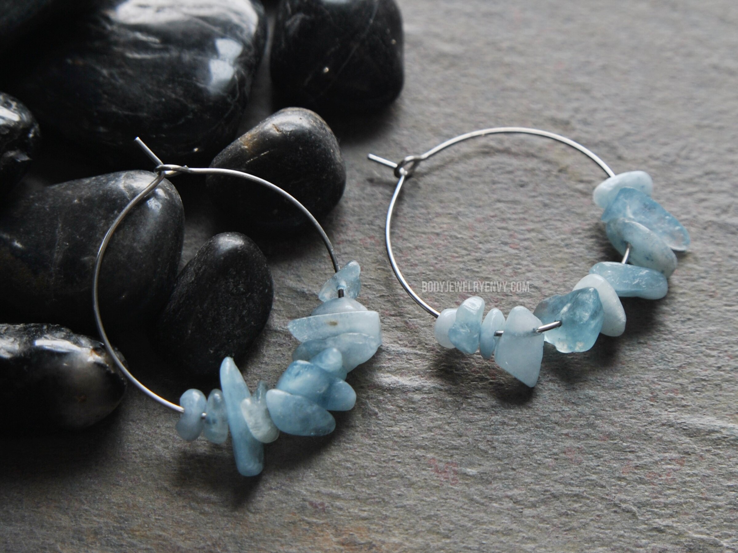 Aquamarine Gemstone Chip Hoop Earrings Hypoallergenic | Etsy