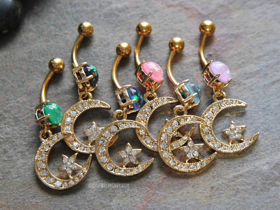 Gold Moon & Star Belly Button Ring, 14g 7/16" Yellow Gold 316L ...
