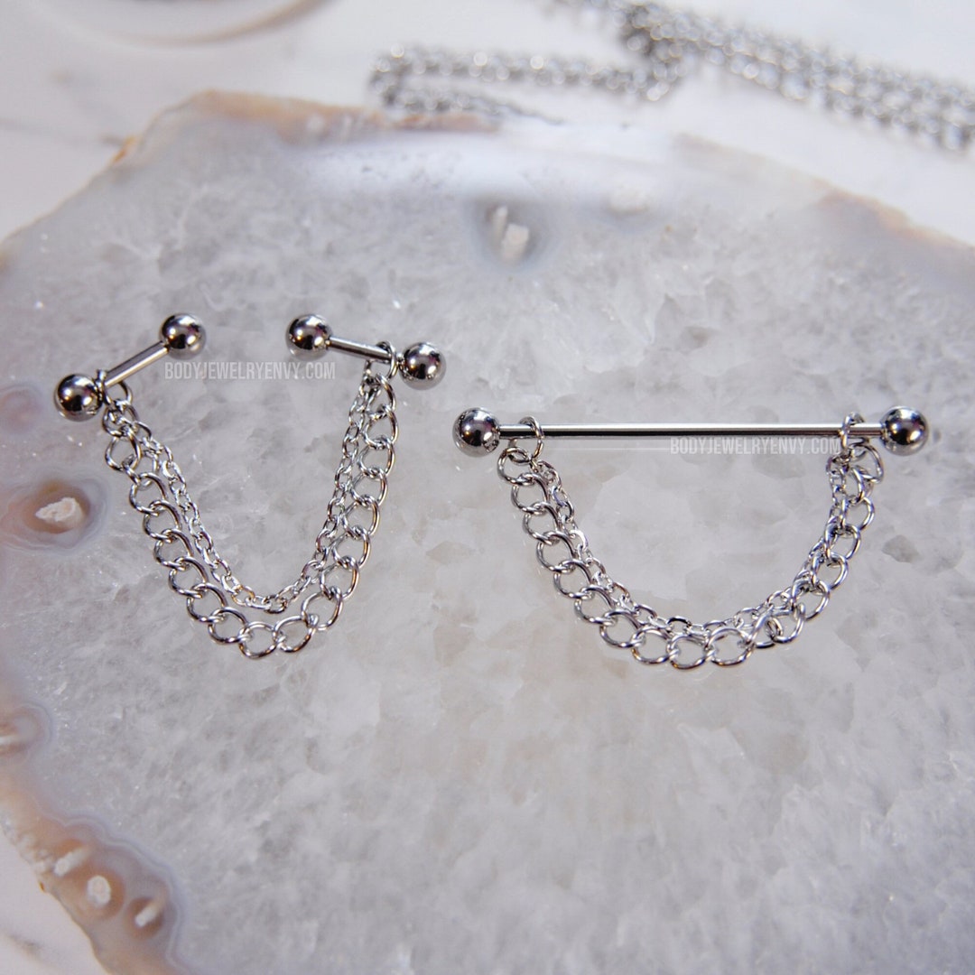 Layered Chains Industrial Bar, 316L Surgical Steel, Long Barbell ...