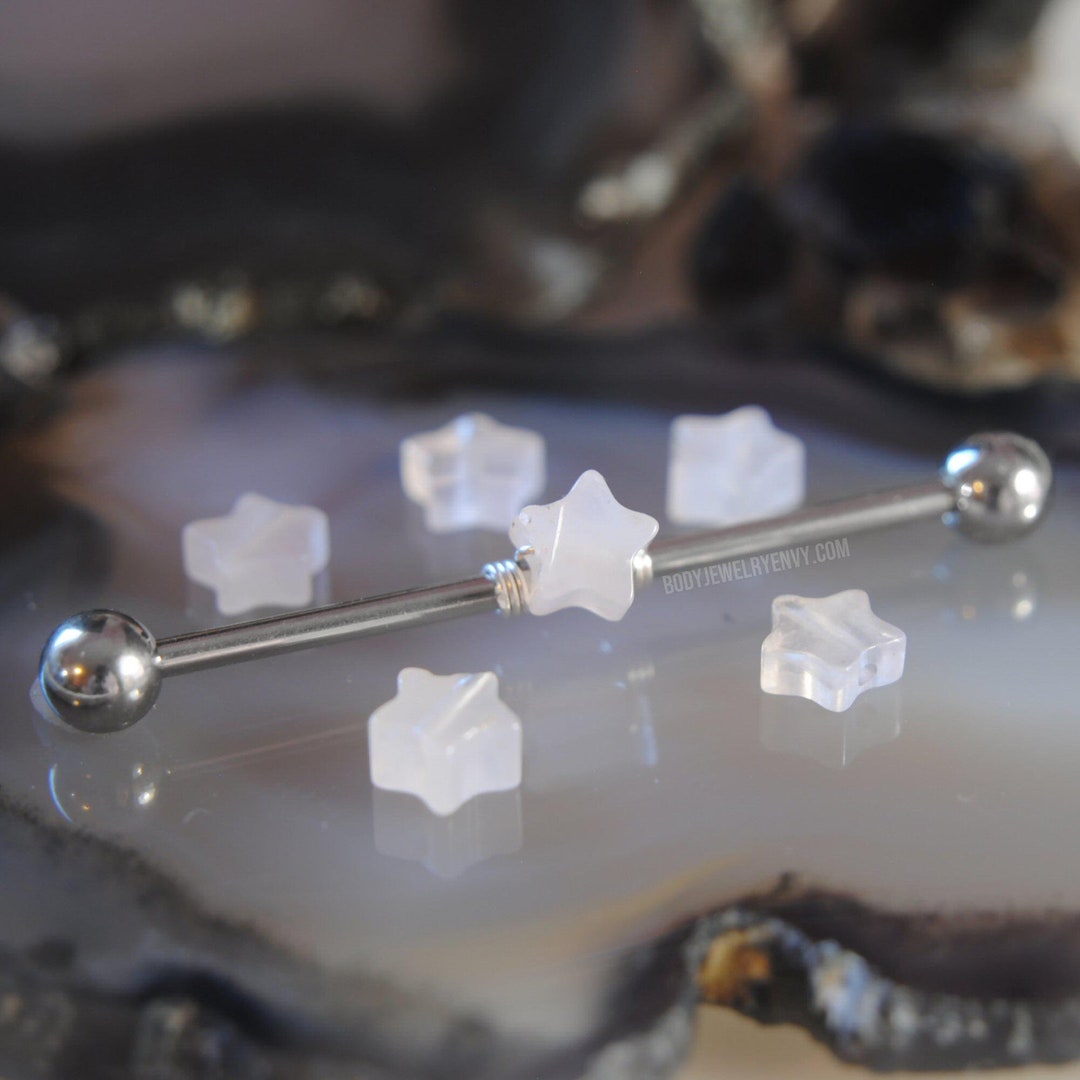 Rose Quartz Star Wire-wrap Industrial Bar, Titanium or 316L Surgical Steel 14g 16g 32mm 35mm ...