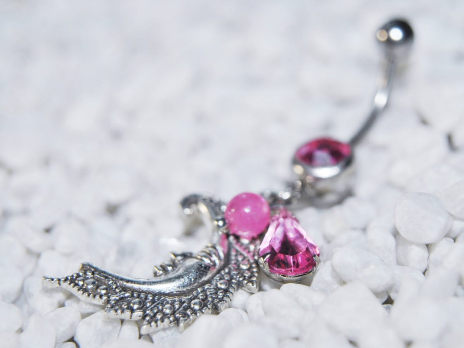 Pink Crystal Bead and Moon Charm Belly Ring 14g 316L | Etsy