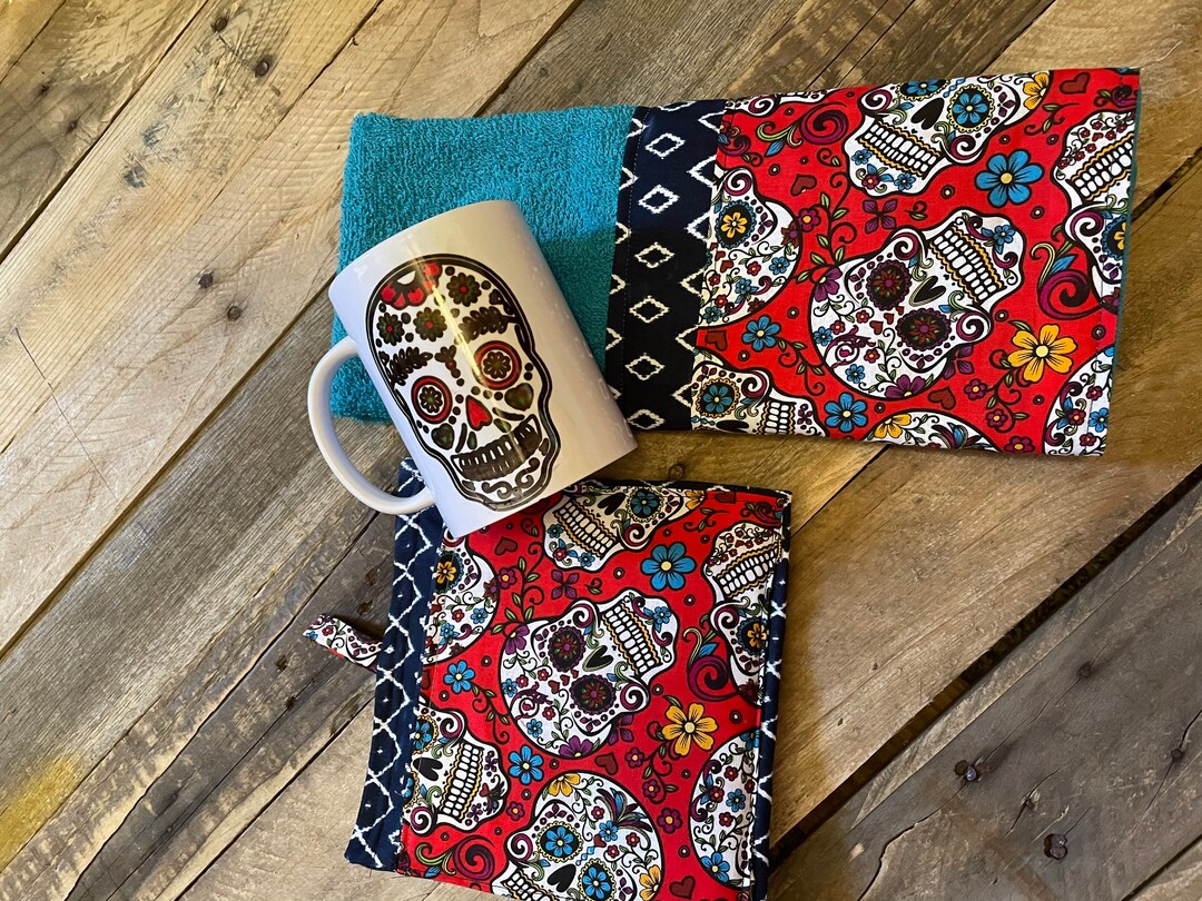Three Pieces Sugar Skull Themed Kitchen Gift Set. Brighten up Yours or ...
