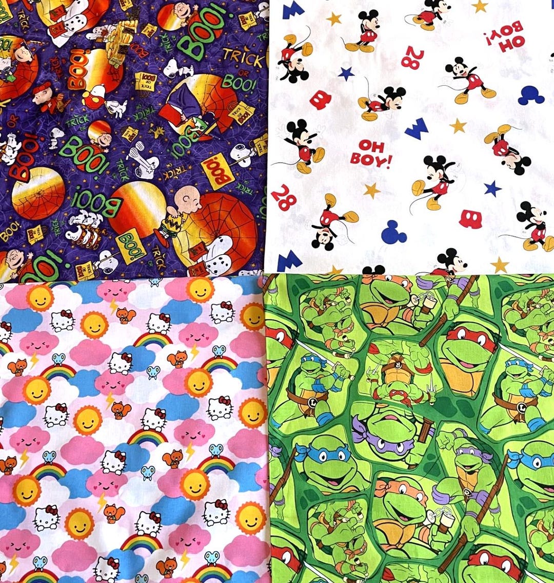 FABRIC Remnants, Peanuts, Snoopy, Mickey Mouse, Hello Kitty, Teenage ...