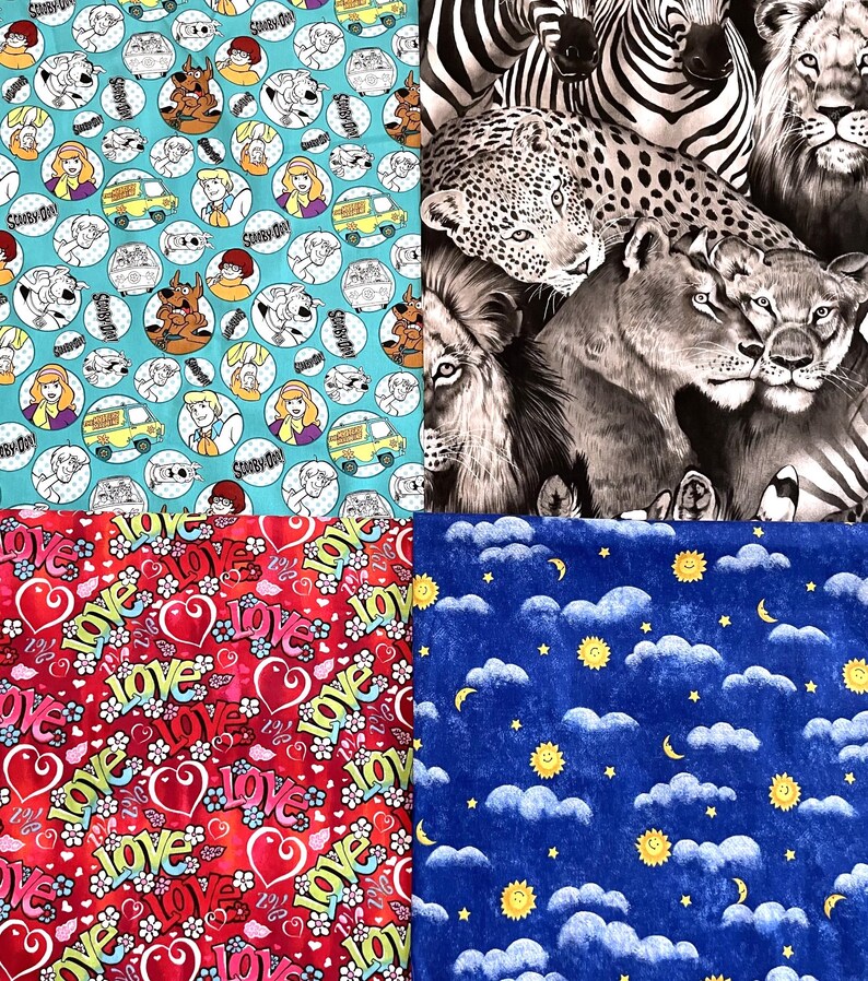 LARGE FABRIC Remnants, Scooby Doo, Africa's Best, Retro Love, Sunny Day ...