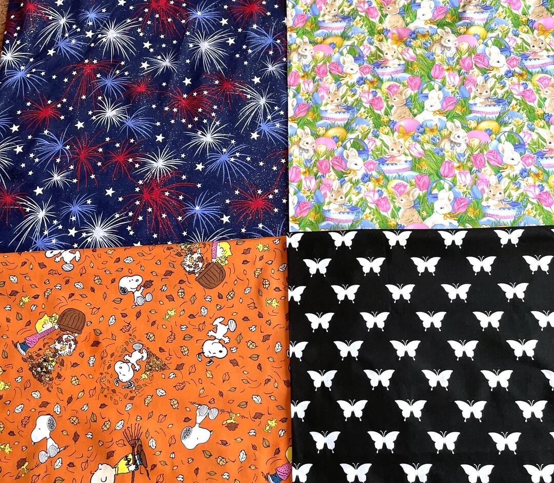 LARGE FABRIC Remnants, Fireworks, Easter Bunnies, Peanuts, Snoopy ...