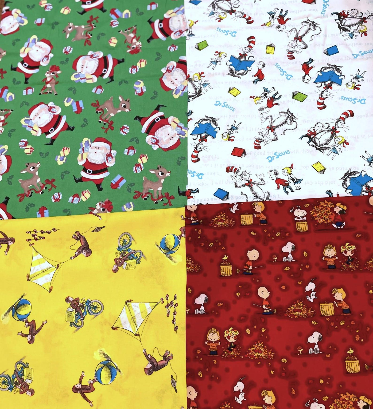 LARGE FABRIC Remnants, Snoopy, Peanuts, Curious George, Cat in the Hat ...