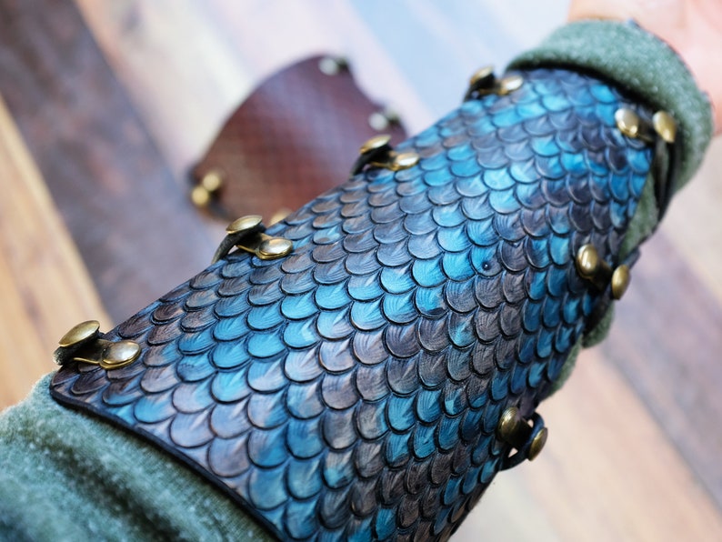 Hand Dyed Leather Dragon Scale Bracer Larping Armguard - Etsy