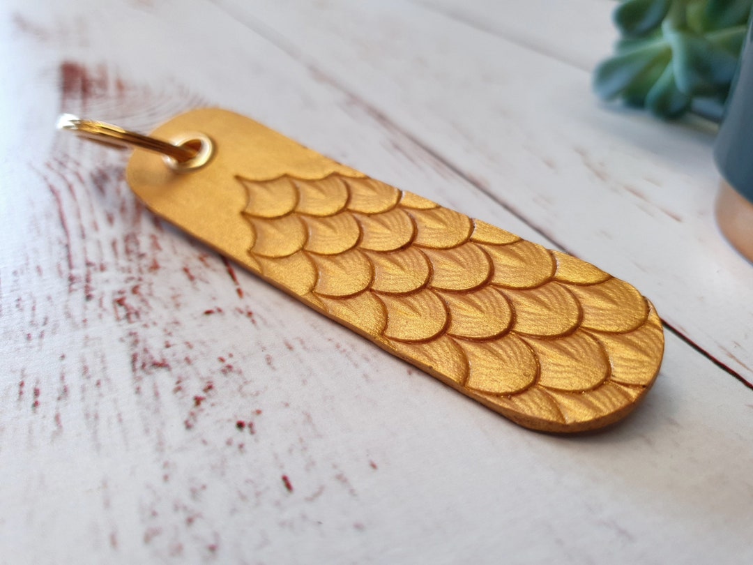 Gold Leather Dragon Scale Key Fob, Key Chain, Leather Keyring, Fathers ...