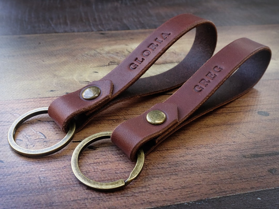 Personalized Italian Leather Keychains - Set of Two, Hand Stamped - Etsy