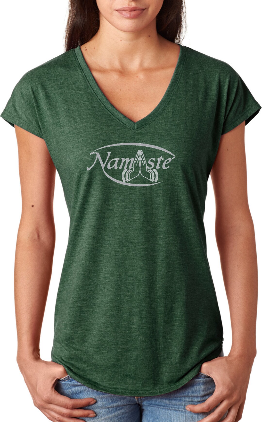 Namaste Big Print Ladies Yoga Tri Blend V-neck Tee Shirt = NAMASTE ...